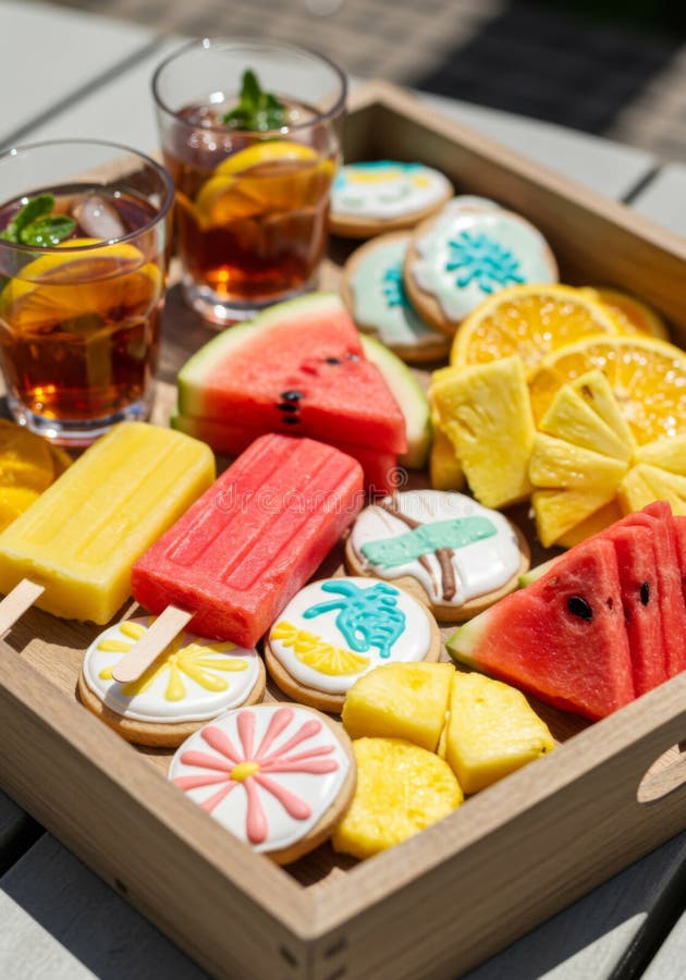 Summer Fruit and Cookie Platter with Iced Tea Stock Illustration ...