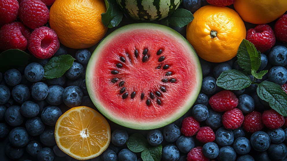Summer Fruit Flatlay Watermelon, Berries, Citrus Stock Illustration ...