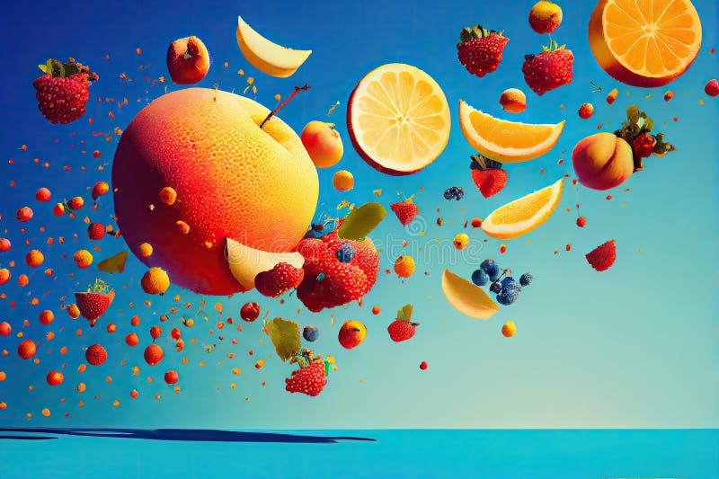 Summer Fruit Flying through the Blue Sky with Open Space Stock ...