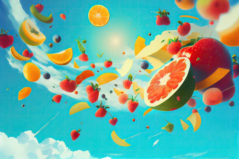 Summer Fruit Flying through the Blue Sky with Open Space Stock ...