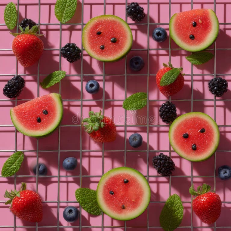 Summer Fruit Grid: Watermelon, Berries, and Mint on Pink Stock ...