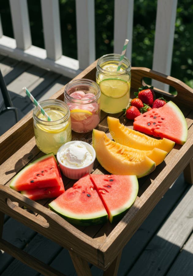 Summer Fruit Platter with Lemonade on Wooden Tray Stock Image - Image ...