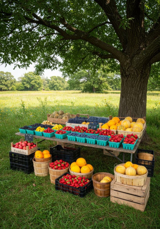 Summer Fruit Stand Under a Tree Stock Illustration - Illustration of ...