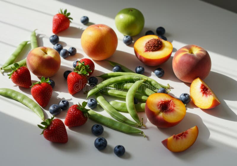 Summer Fruit and Vegetable Still Life with Sunlight Stock Illustration ...