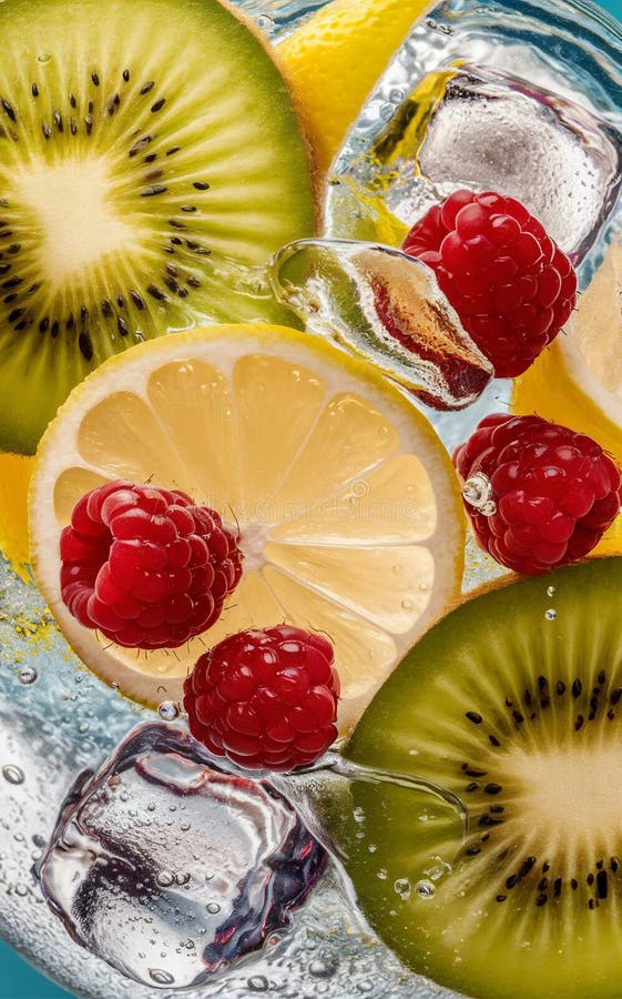 Summer Fruits in Water with Pieces of Ice Stock Illustration ...