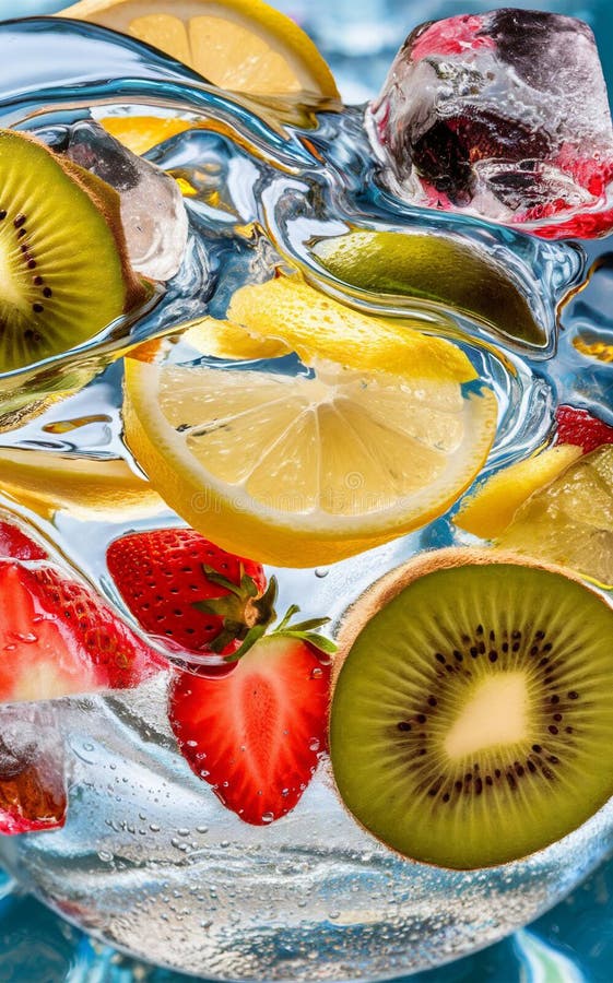 Summer Fruits in Water with Pieces of Ice Stock Illustration ...