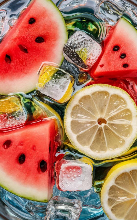 Summer Fruits in Water with Pieces of Ice Stock Illustration ...