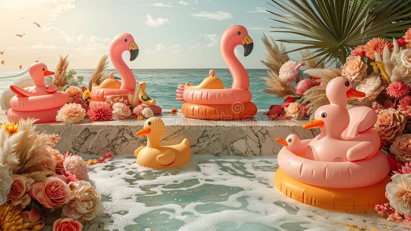 Summer Fun with Inflatable Duck and Flamingo Floaties Stock ...