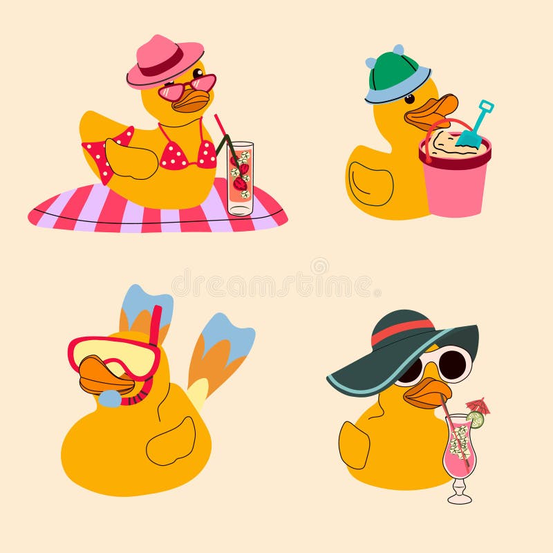 Summer Fun Rubber Ducks at the Beach. Playful Cartoon Set Stock ...