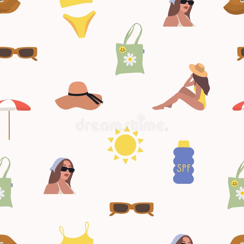 Summer Fun. Seamless Texture Pattern. Sunscreen, Beach Umbrella, Hat ...
