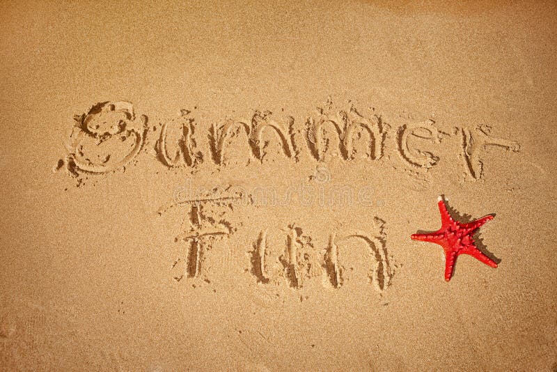 Summer fun written on sand stock image. Image of sunlight - 75495745