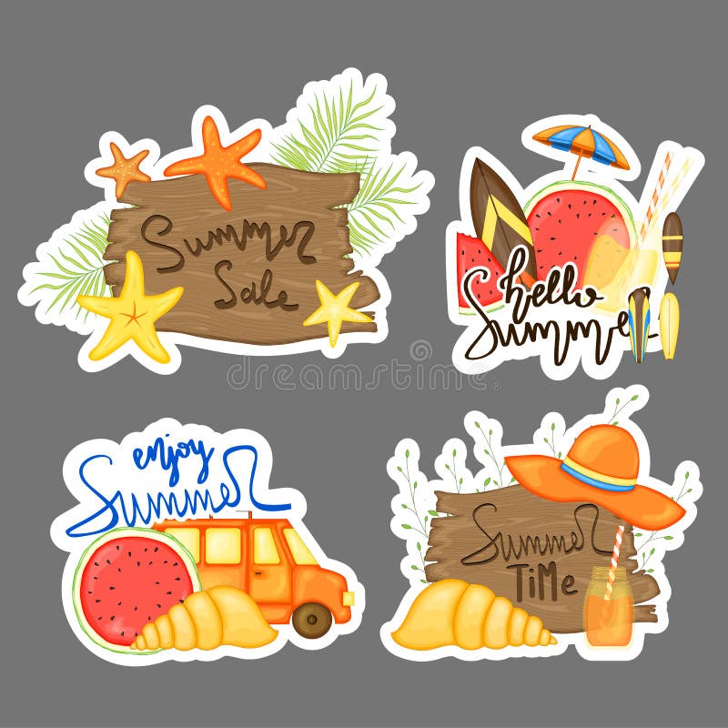 Summer Funny Stickers. Cartoon Style Stock Illustration - Illustration ...