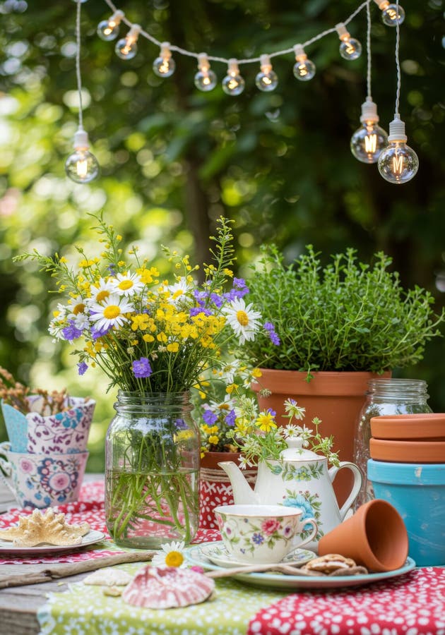 Summer Garden Party Table Setting with Wildflowers Stock Illustration ...