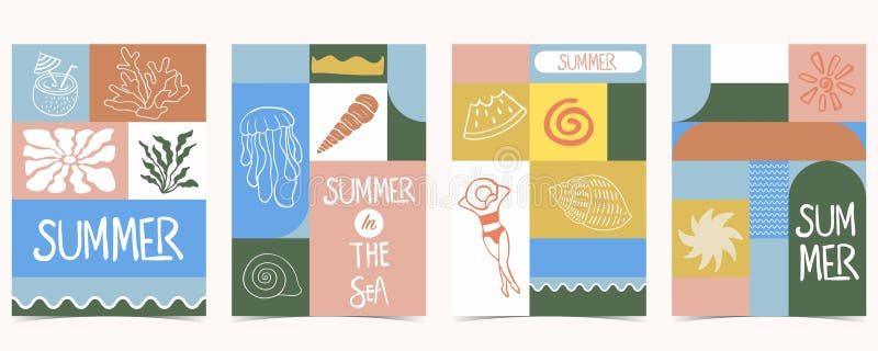 Summer Geometric Background with Shell,coconut,jellyfish. Stock ...