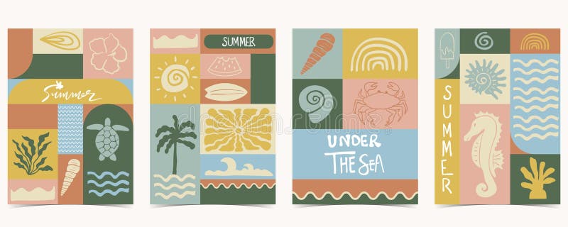 Summer Geometric Background with Shell,seahorse,rainbow. Stock ...