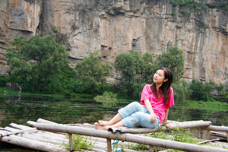 Summer Girl on the Bamboo Raft Stock Image - Image of asian, cheerful ...