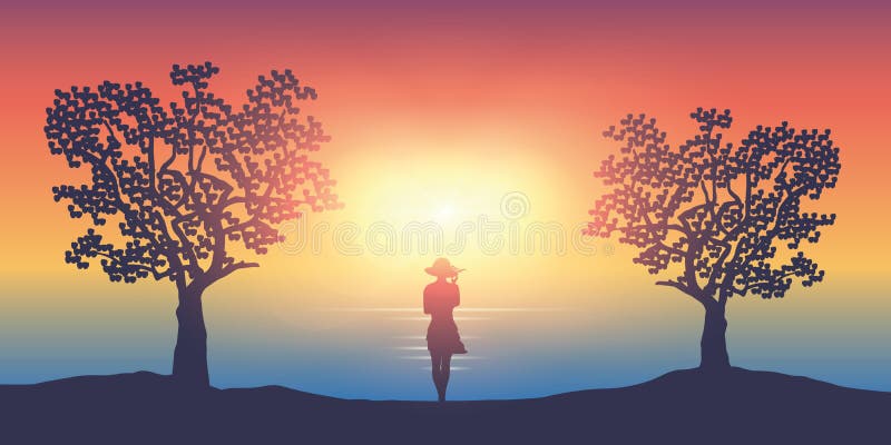 Summer Girl on a Sunny Day Stands between Two Trees by the Ocean Stock ...