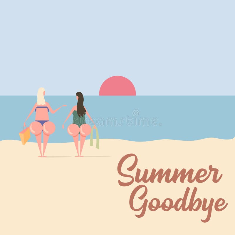 Summer Goodbye Concept Illustration WithTwo Girlfriend with Big Booty Walking on Beach. Vector ...