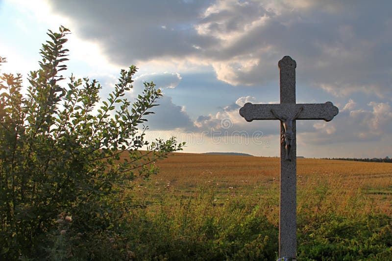 The Summer Grain Field with Cross Stock Image - Image of cereal ...