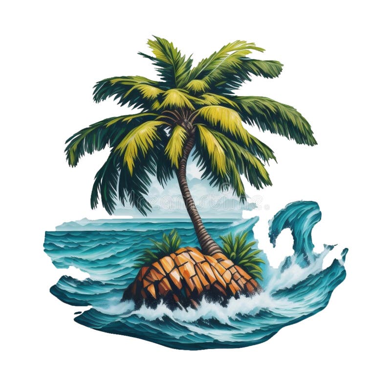 Summer Graphic Tropical Island with Ocean Waves and Palm Tree Stock ...