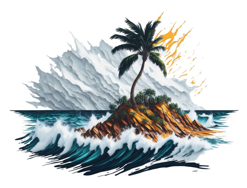 Summer Graphic Tropical Island with Ocean Waves and Palm Tree Stock ...