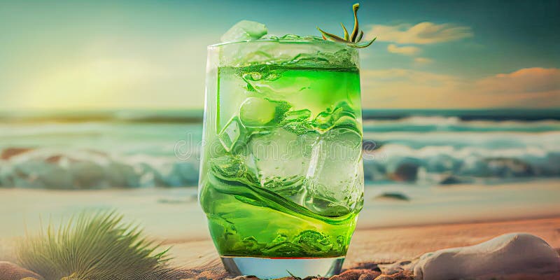 Summer Green Cocktail with Blue Beach on Background Stock Illustration ...