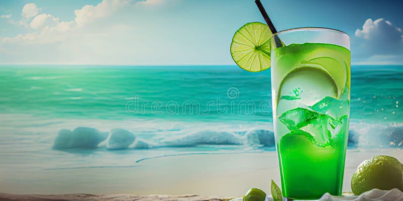 Summer Green Cocktail with Blue Beach on Background Stock Illustration ...