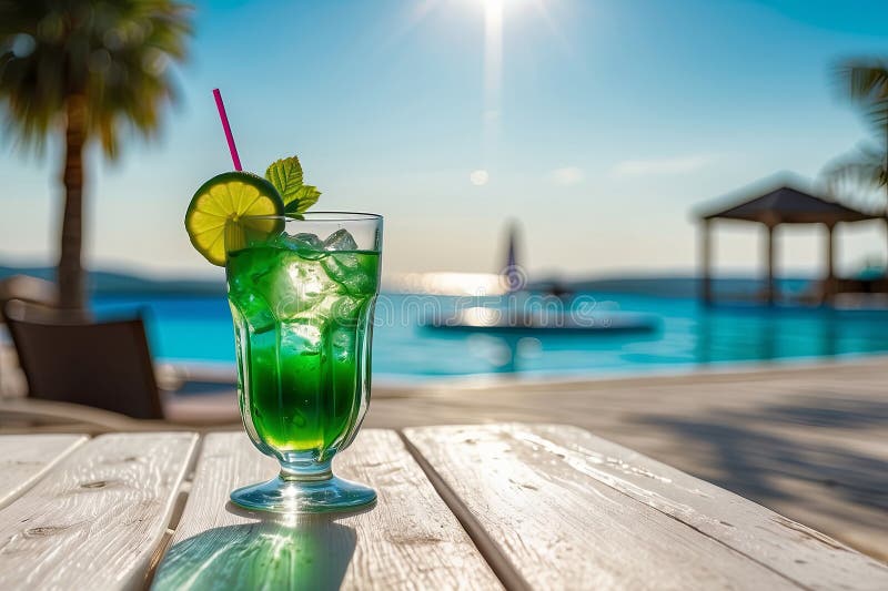Summer Green Cocktail with Lime Near the Pool Stock Illustration ...