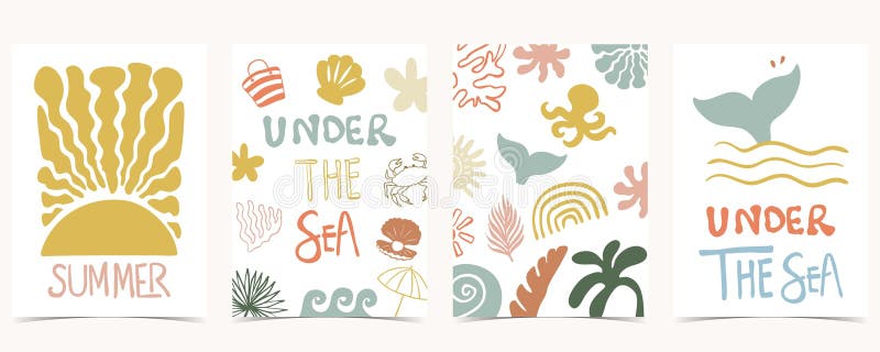 Summer Groovy Background with Shell,fish Tail,sun. Stock Illustration ...