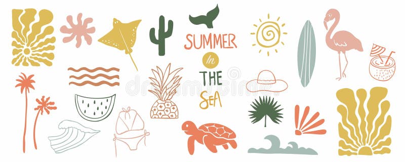 Summer Groovy Icon with Flamingo,turtle,tree for Kid Design Stock ...