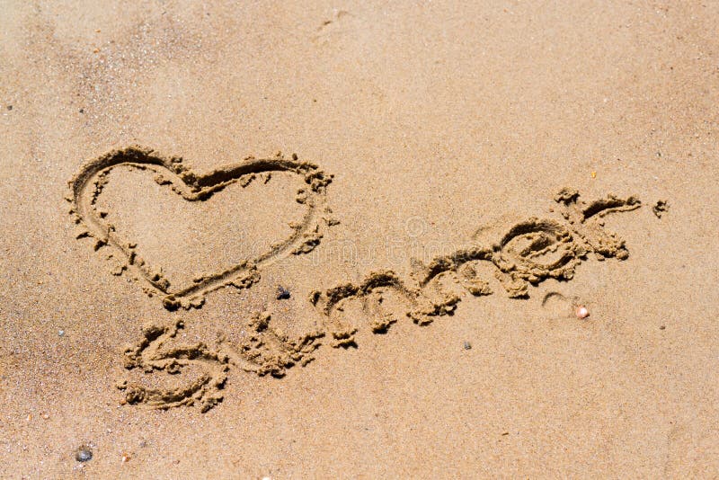 Summer Handwritten in the Sand of the Beach with a Lovely Heart Stock ...