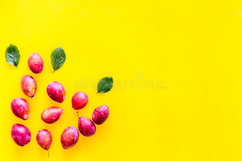 Summer Harvest of Red Plum. Red Plum and Leaves Pattern on Yellow ...