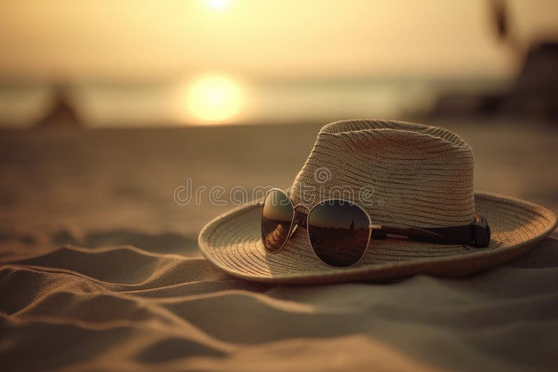 Summer Hat with Sunglasses Lies on the Sand on the Beach at Sunset ...