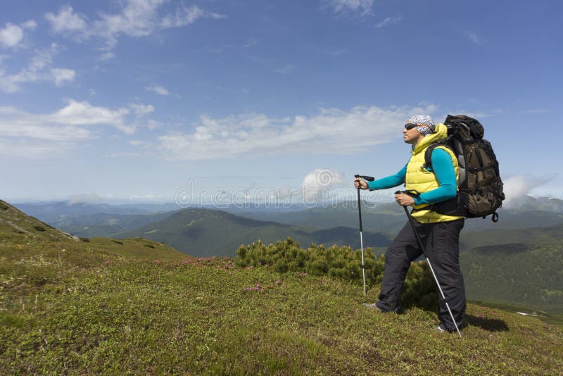 Summer Hiking in the Mountains with a Backpack . Stock Image - Image of ...