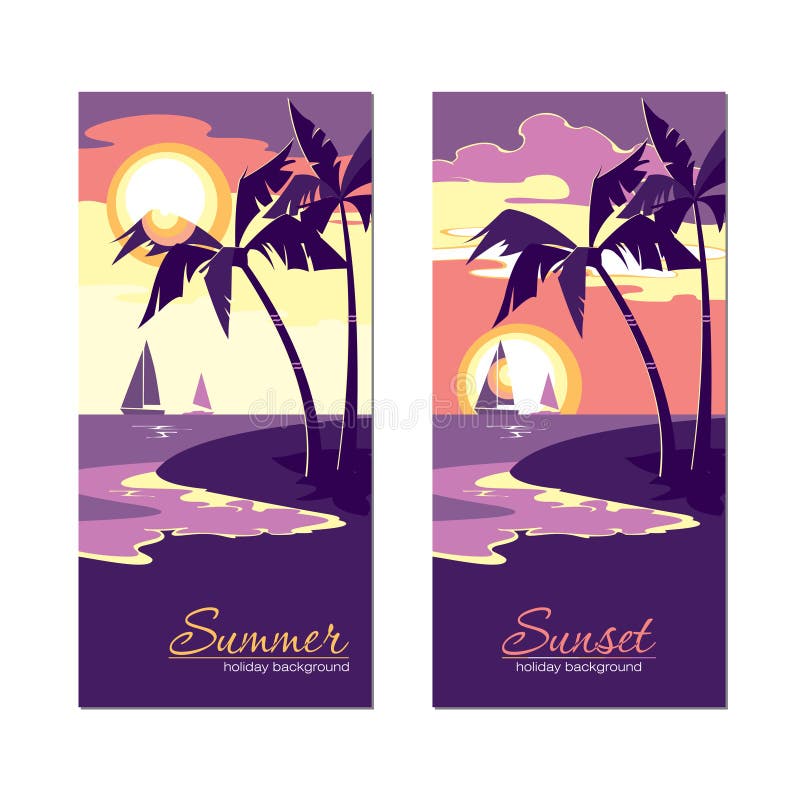 Summer Holiday Banners with Sunset in Flat Design Style Stock Vector ...