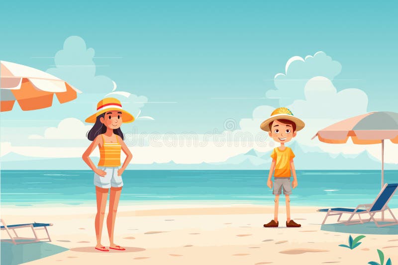Summer Holiday with Cartoon Kids. Beach Vector Illustration Stock ...