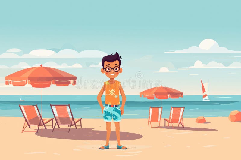 Summer Holiday with Cartoon Kids. Beach Vector Illustration Stock ...