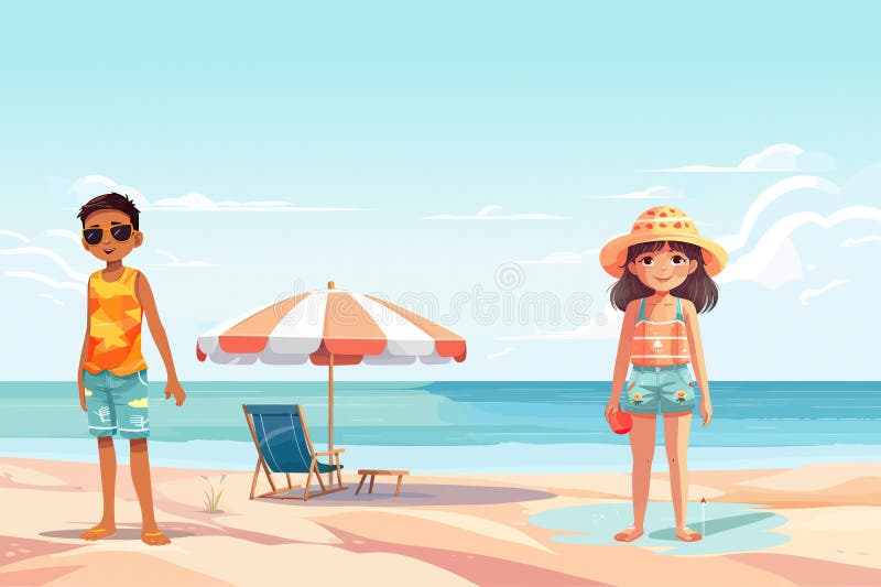 Summer Holiday with Cartoon Kids. Beach Vector Illustration Stock ...