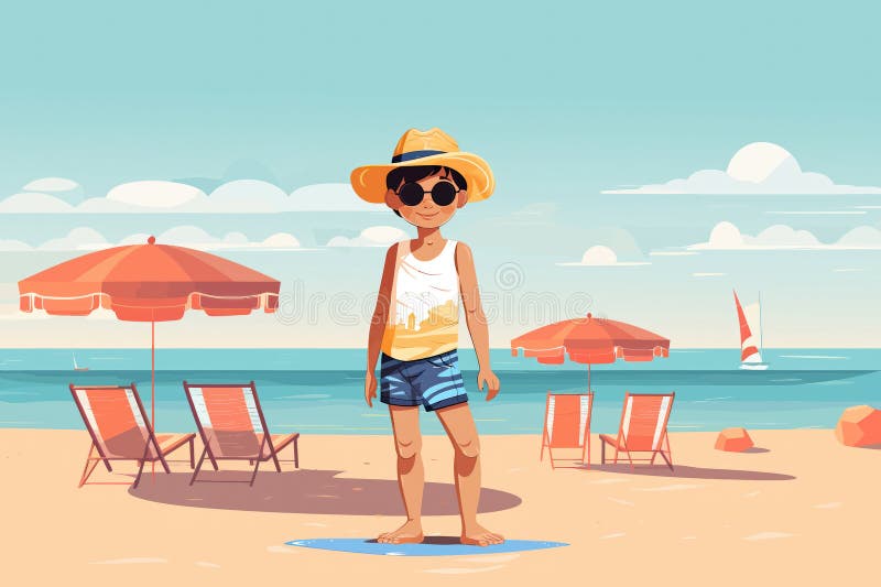 Summer Holiday with Cartoon Kids. Beach Vector Illustration Stock ...