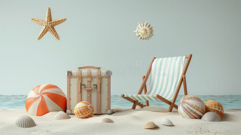 Summer Holiday Collage: Beach Chair, Ball, Shell, and Suitcase Stock ...