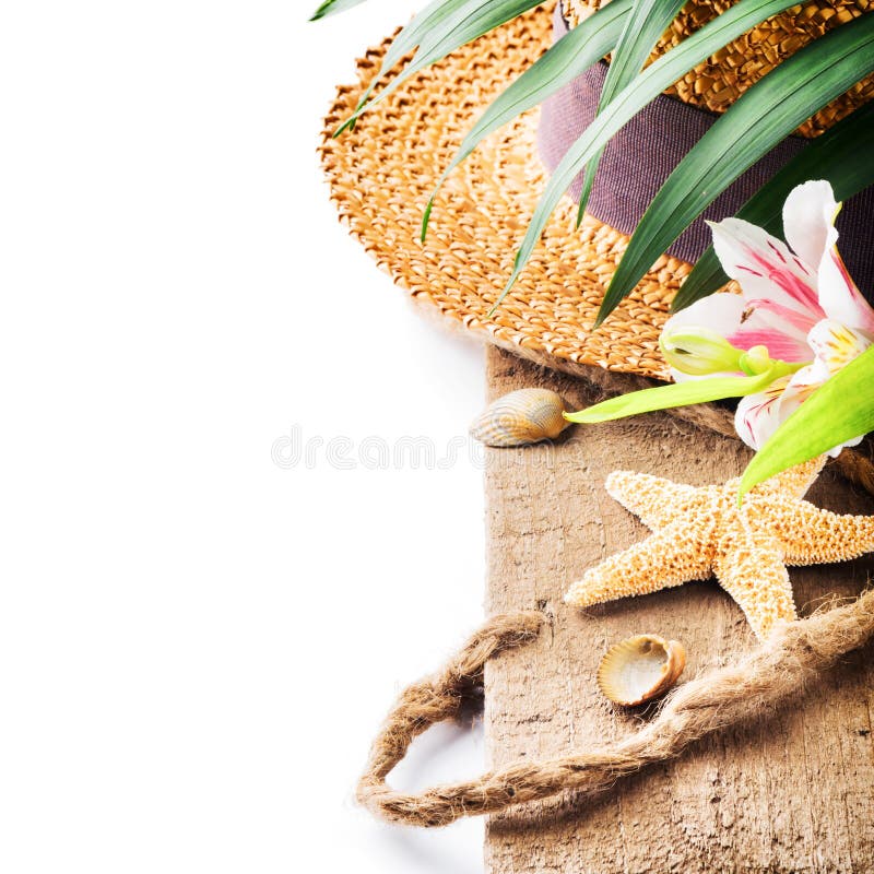 Summer Holiday Setting with Straw Hat Stock Photo - Image of flower ...