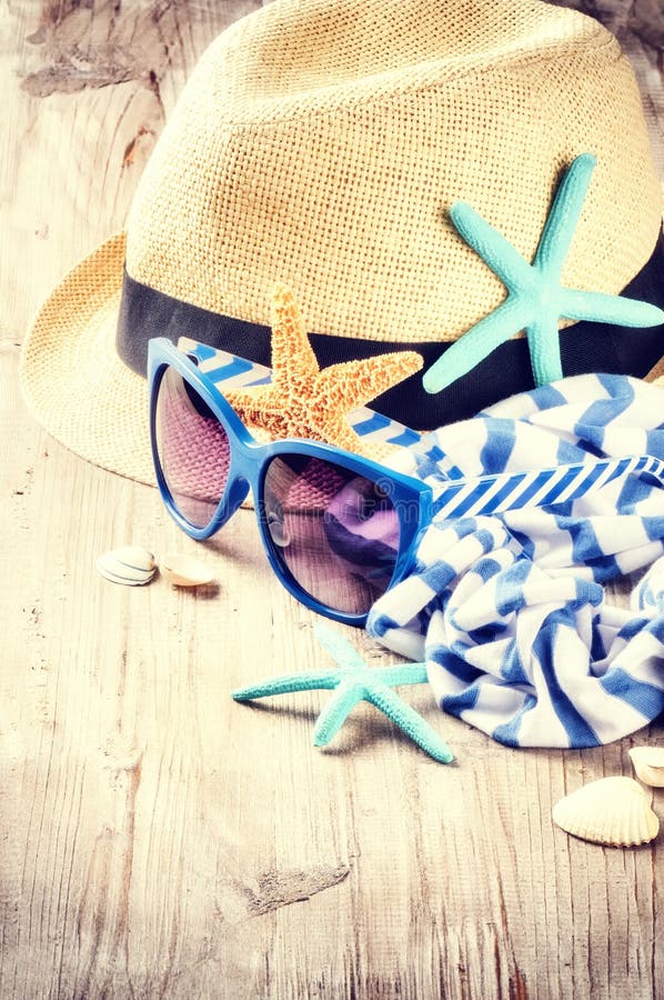 Summer Holiday Setting with Straw Hat and Sunglasses Stock Image ...