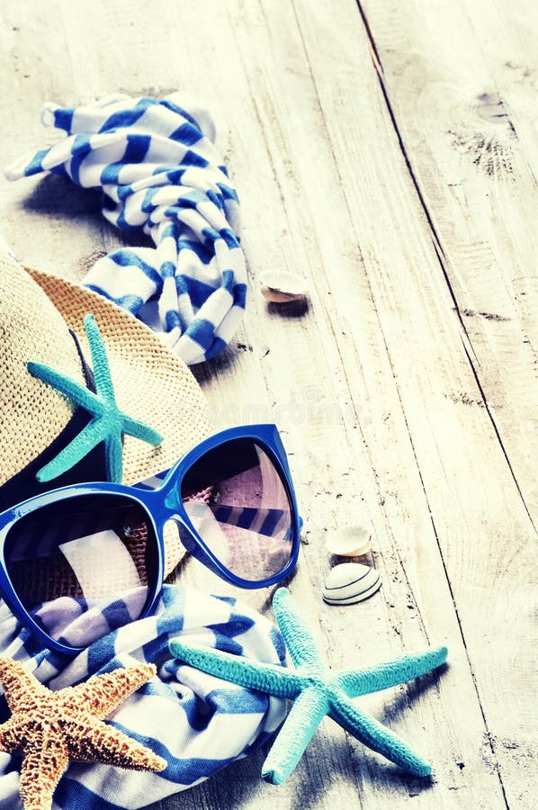 Summer Holiday Setting with Straw Hat and Sunglasses Stock Photo ...