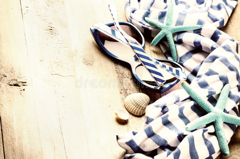 Summer Holiday Setting with Striped Scarf and Sunglasses Stock Photo ...