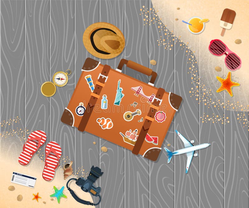 Summer Holiday Vacation Concept, Trunk and Objects Illustration Stock ...