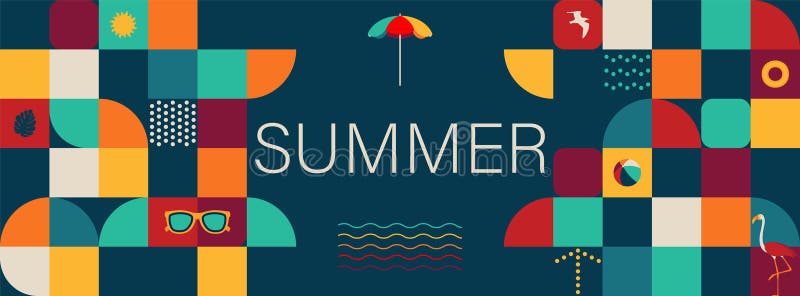 Summer, Horizontal Geometric Banner with Summer Symbols in Geometry ...
