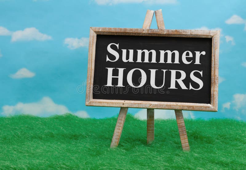 Summer Hours Message on Standing Chalkboard on Grass with Sky Stock ...