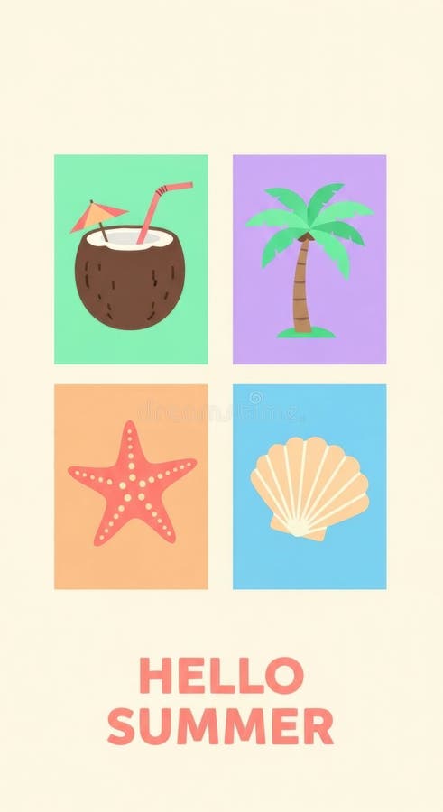Summer Themed Icons Collage, Hello Summer Text Stock Illustration ...