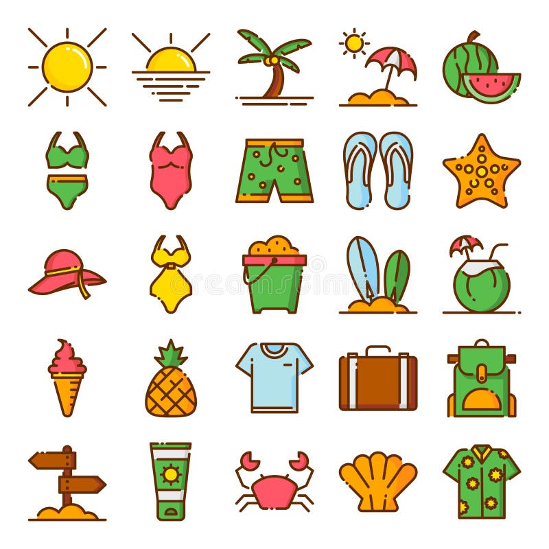 Summer icons pack stock illustration. Illustration of sand - 146988564