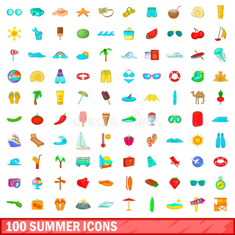 100 Summer Icons Set, Cartoon Style Stock Vector - Illustration of ...